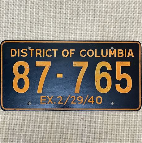 Blazing Auctions - 1940 District of Columbia "87-765" License Plate