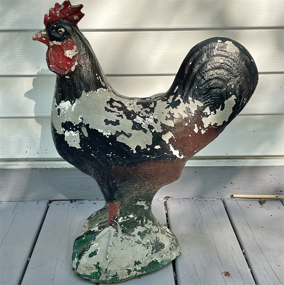 Blazing Auctions - Old Painted Cement Rooster Garden Statue