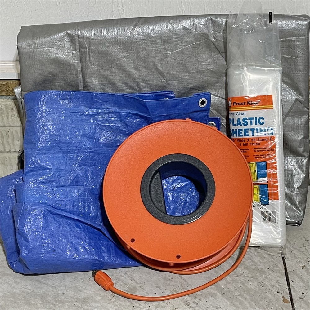 Blazing Auctions - (2) Tarps, Plastic Sheeting and Extension Cord on Reel