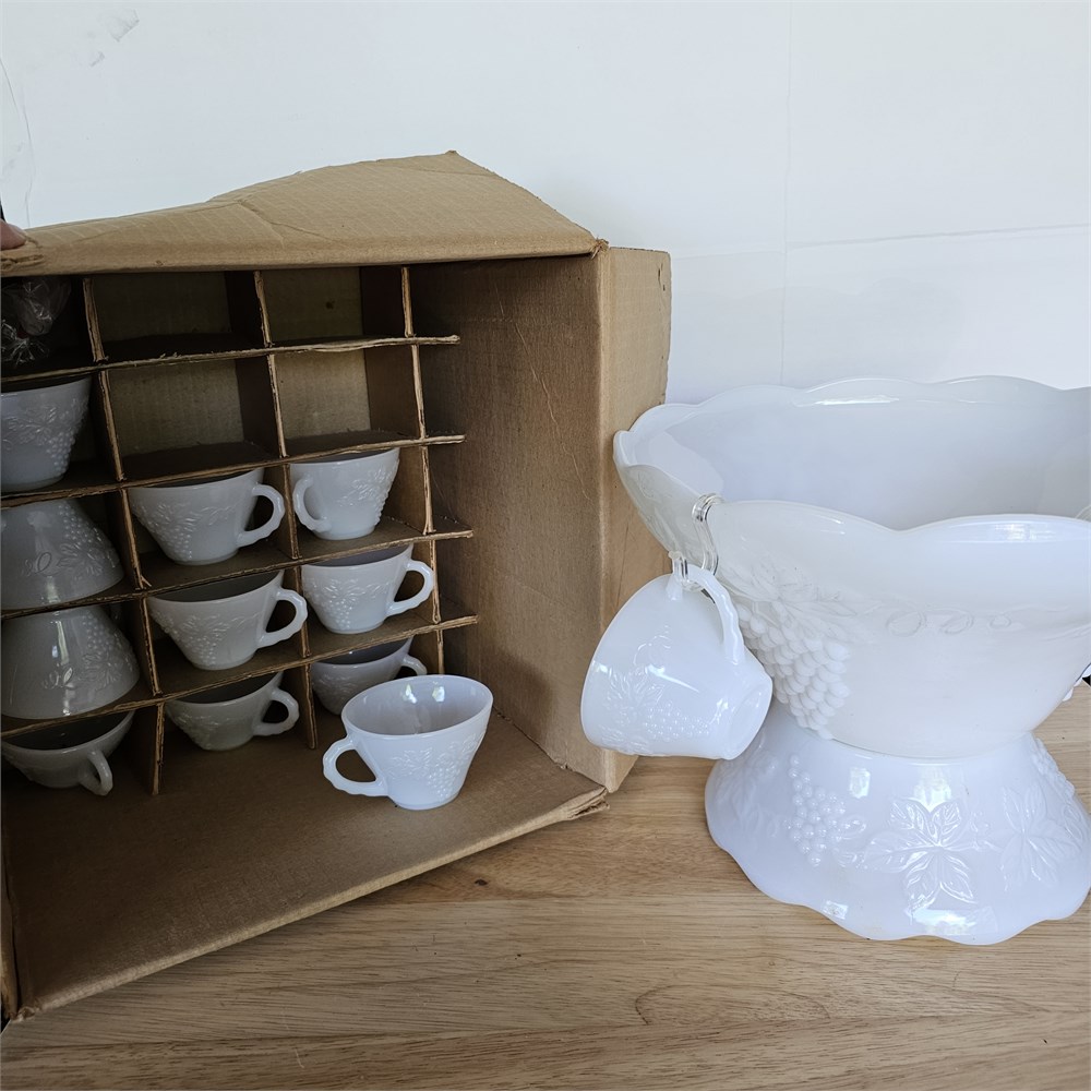 Blazing Auctions - Anchor Hocking harvest milk glass punch bowl set ...