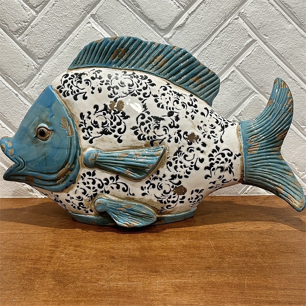 Blazing Auctions - Large Bates Fish Distressed Majolica Ceramic Statue