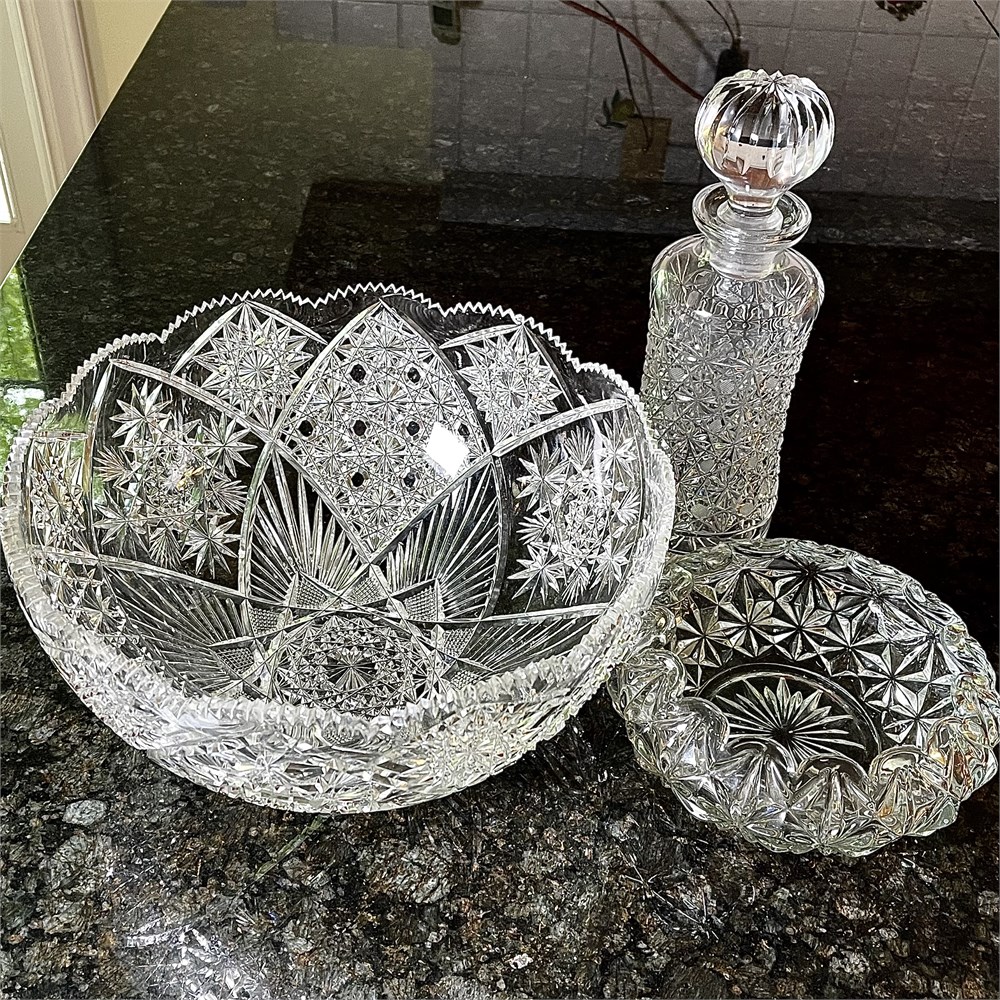 Blazing Auctions - Vtg Cut Glass Punch Bowl, Folded Edge Bowl, and Decanter