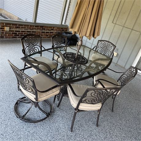 Blazing Auctions - Hampton Bay Glass Top Metal Patio Table, 6 Chairs ...